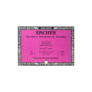 arches watercolor block 7x10-inch natural white 100% cotton paper - 20 sheets of 140 lb arches hot press watercolor paper - arches art paper for watercolor gouache ink acrylic and more