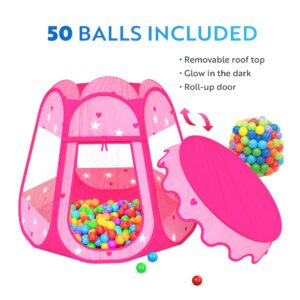 Playz Ball Pit Princess Castle Play Tent for Girls w/ 50 Balls Included - Pop Up Children Play Tent for Indoor & Outdoor Use - Playland Playhouse Tent w/ & Glow in The Dark Stars & Zipper Storage Case