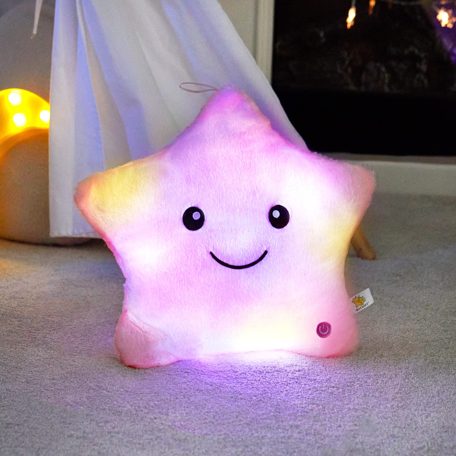 WEWILL 13'' Creative Twinkle Star Glowing LED Night Light Plush Pillows Stuffed Animals Toys Birthday Christmas Holiday Valentines Gifts for Toddlers Girls(Pink)