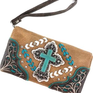 Justin West Rhinestone Cross Floral Embroidery Laser Cut Wristlet Trifold Wallet Attachable Long Strap (Tan)