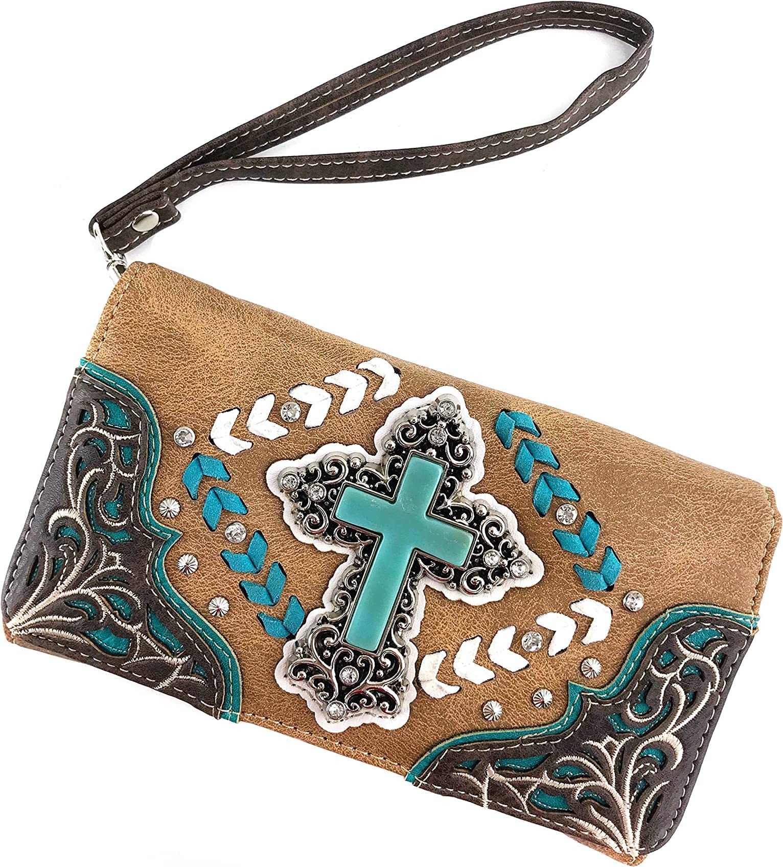 Justin West Rhinestone Cross Floral Embroidery Laser Cut Wristlet Trifold Wallet Attachable Long Strap (Tan)