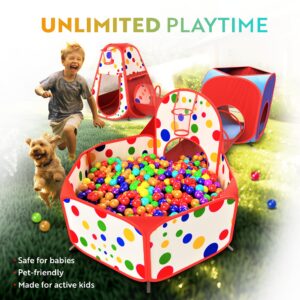 Playz 5-Piece Kids Play Tents Crawl Tunnels and Ball Pit Popup Bounce Playhouse Tent with Basketball Hoop for Indoor and Outdoor Use with Red Carrying Case