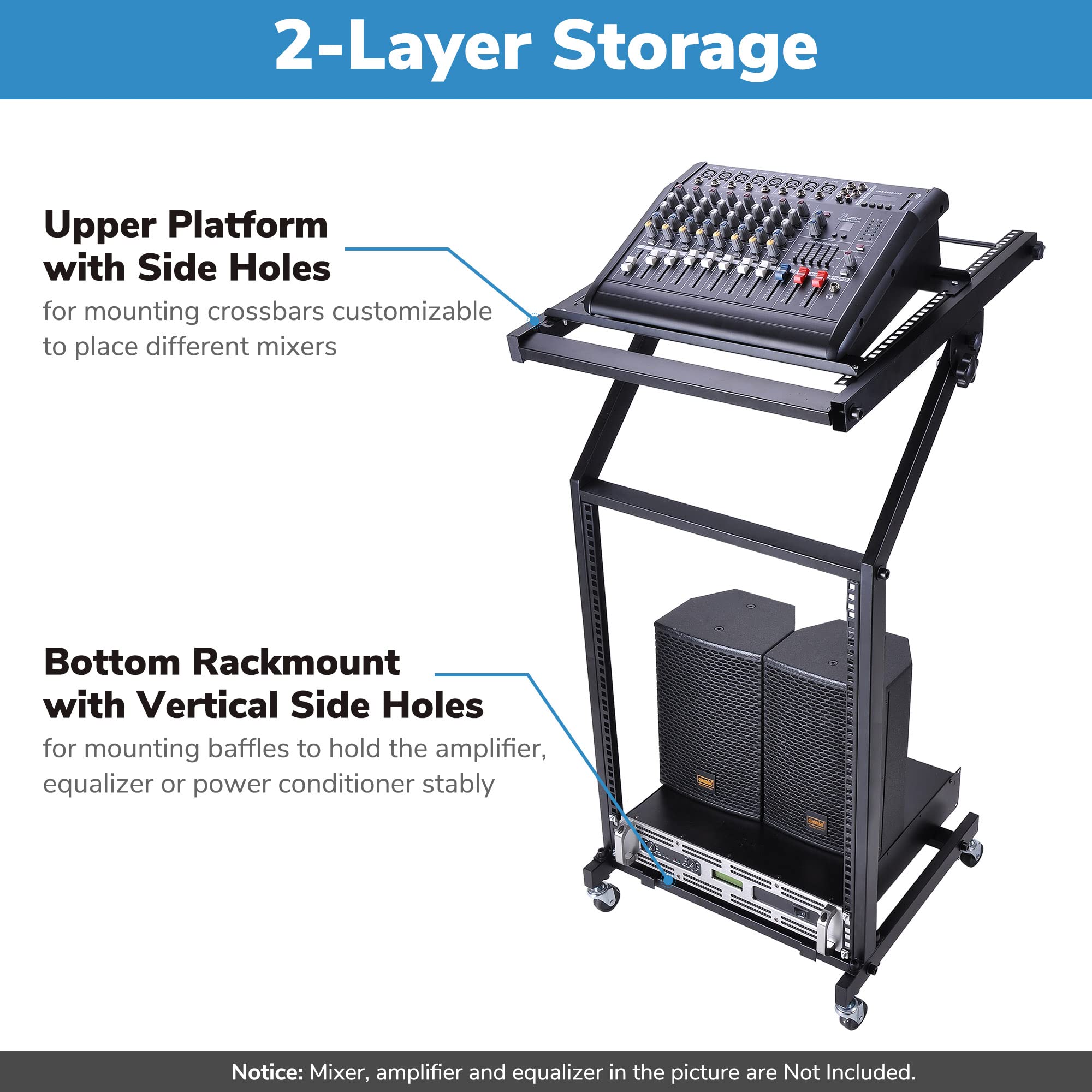 AW Rack Mount DJ Mixer Stand Studio Equipment Adjustable Stage Cart w/Wheel Music Party Show 16U