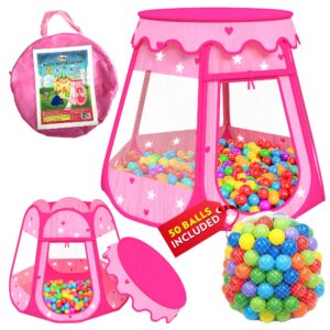 playz ball pit princess castle play tent for girls w/ 50 balls included - pop up children play tent for indoor & outdoor use - playland playhouse tent w/ & glow in the dark stars & zipper storage case