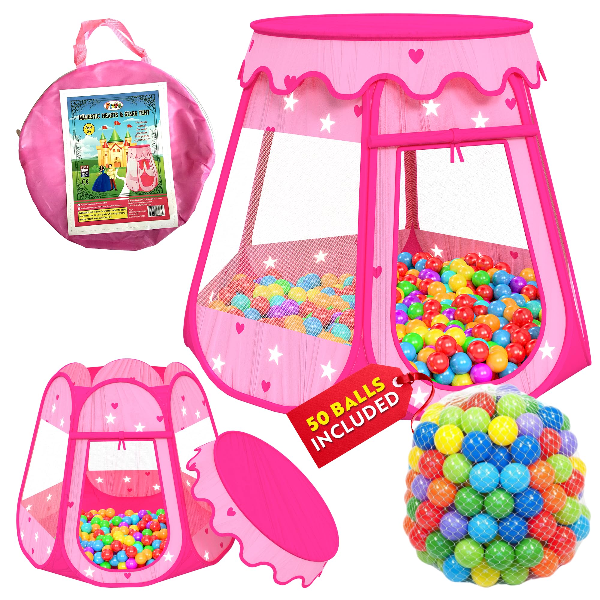 Playz Ball Pit Princess Castle Play Tent for Girls w/ 50 Balls Included - Pop Up Children Play Tent for Indoor & Outdoor Use - Playland Playhouse Tent w/ & Glow in The Dark Stars & Zipper Storage Case