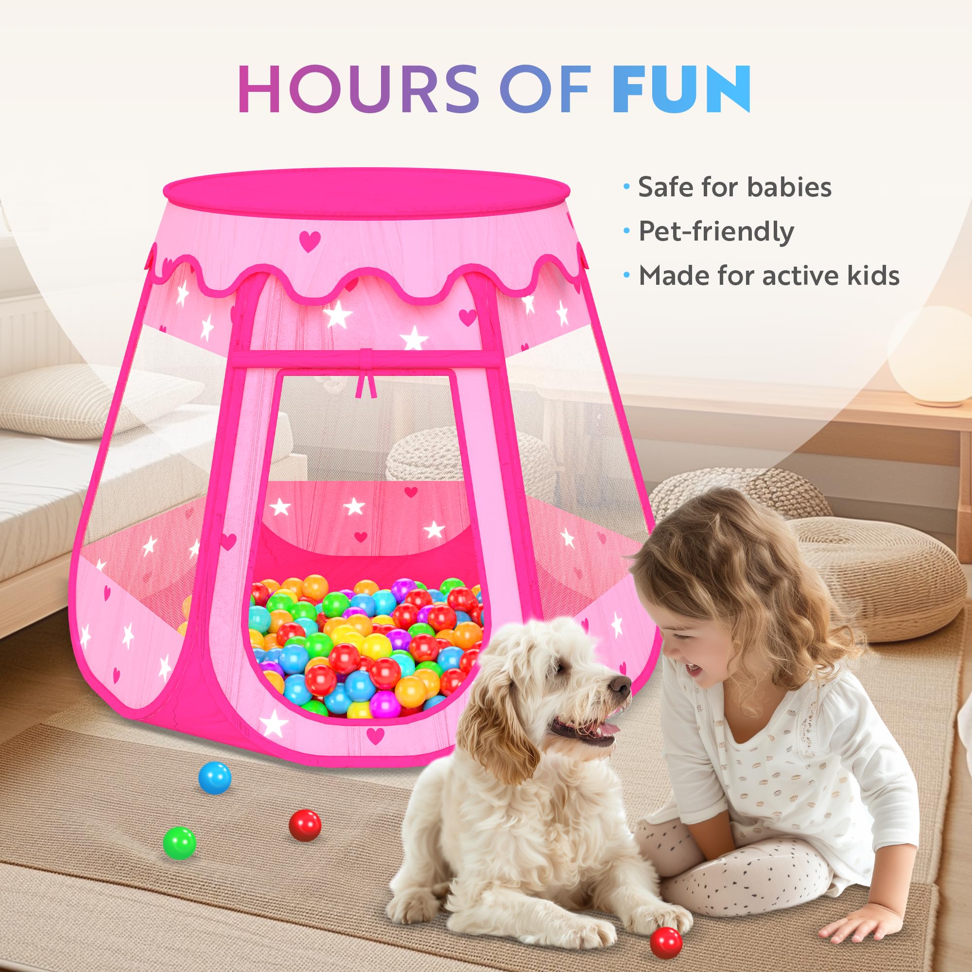 Playz Ball Pit Princess Castle Play Tent for Girls w/ 50 Balls Included - Pop Up Children Play Tent for Indoor & Outdoor Use - Playland Playhouse Tent w/ & Glow in The Dark Stars & Zipper Storage Case