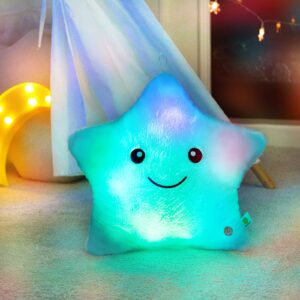 WEWILL 13'' Creative Twinkle Star Light up Night LED Plush Pillows Stuffed Animal Toys Birthday Valentines for Toddlers Girls(Blue)