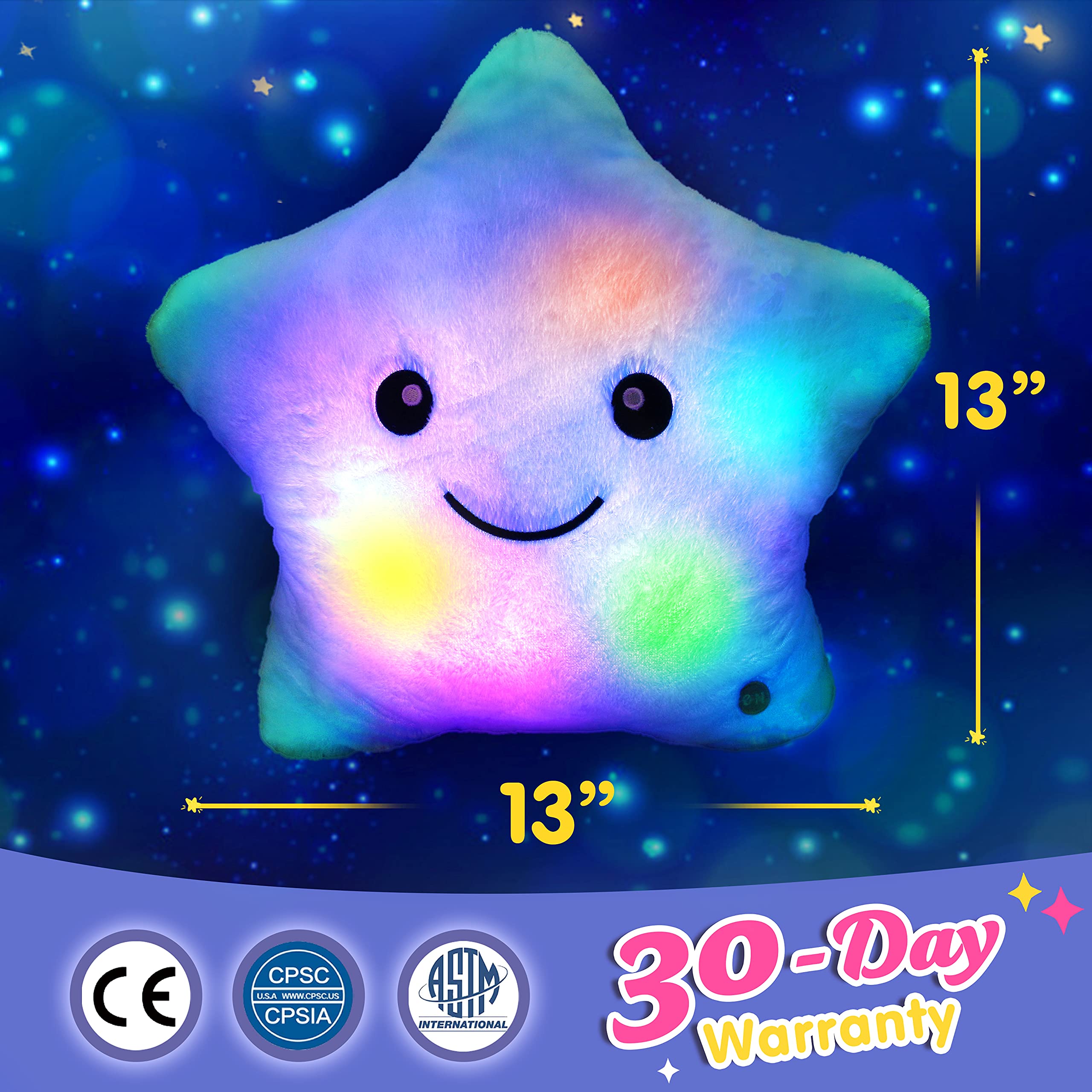 WEWILL 13'' Creative Twinkle Star Light up Night LED Plush Pillows Stuffed Animal Toys Birthday Valentines for Toddlers Girls(Blue)