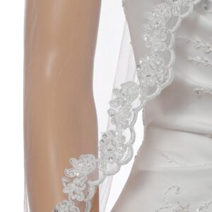 SAMKY 1T 1 Tier Floral Scallop Embroided Lace Pearl Veil - Light Ivory Fingertip Length 36" V471