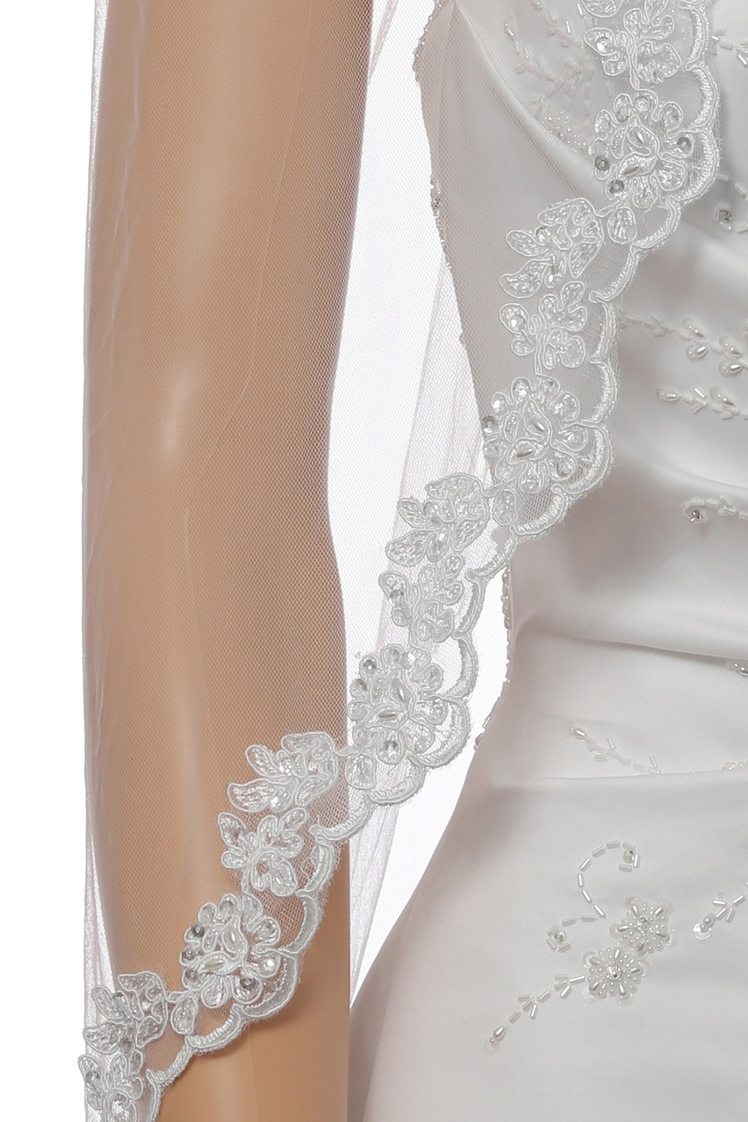 SAMKY 1T 1 Tier Floral Scallop Embroided Lace Pearl Veil - Light Ivory Fingertip Length 36" V471