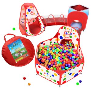 playz 5-piece kids play tents crawl tunnels and ball pit popup bounce playhouse tent with basketball hoop for indoor and outdoor use with red carrying case