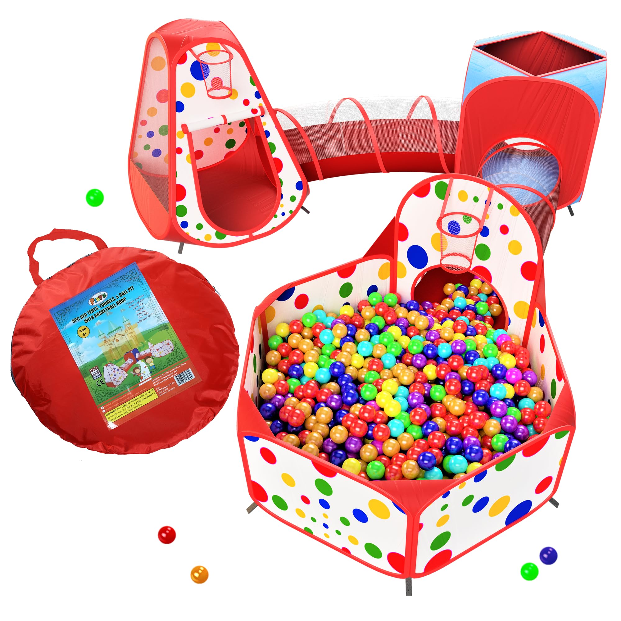 Playz 5-Piece Kids Play Tents Crawl Tunnels and Ball Pit Popup Bounce Playhouse Tent with Basketball Hoop for Indoor and Outdoor Use with Red Carrying Case