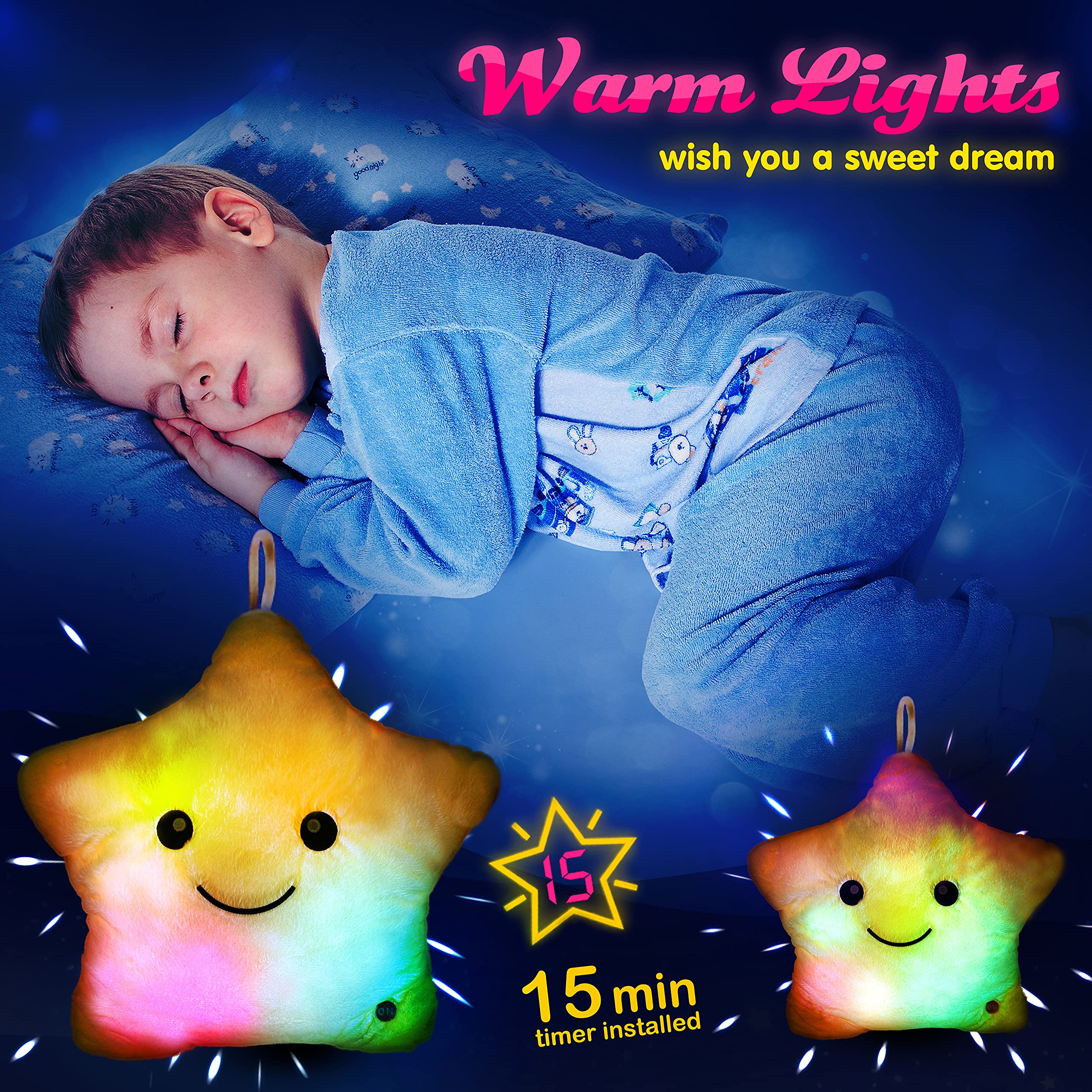 WEWILL 13'' Creative Twinkle Star Glowing LED Night Light Plush Pillows Stuffed Animals Toys Birthday Christmas Holiday Valentines Gifts for Toddlers Girls(Yellow)