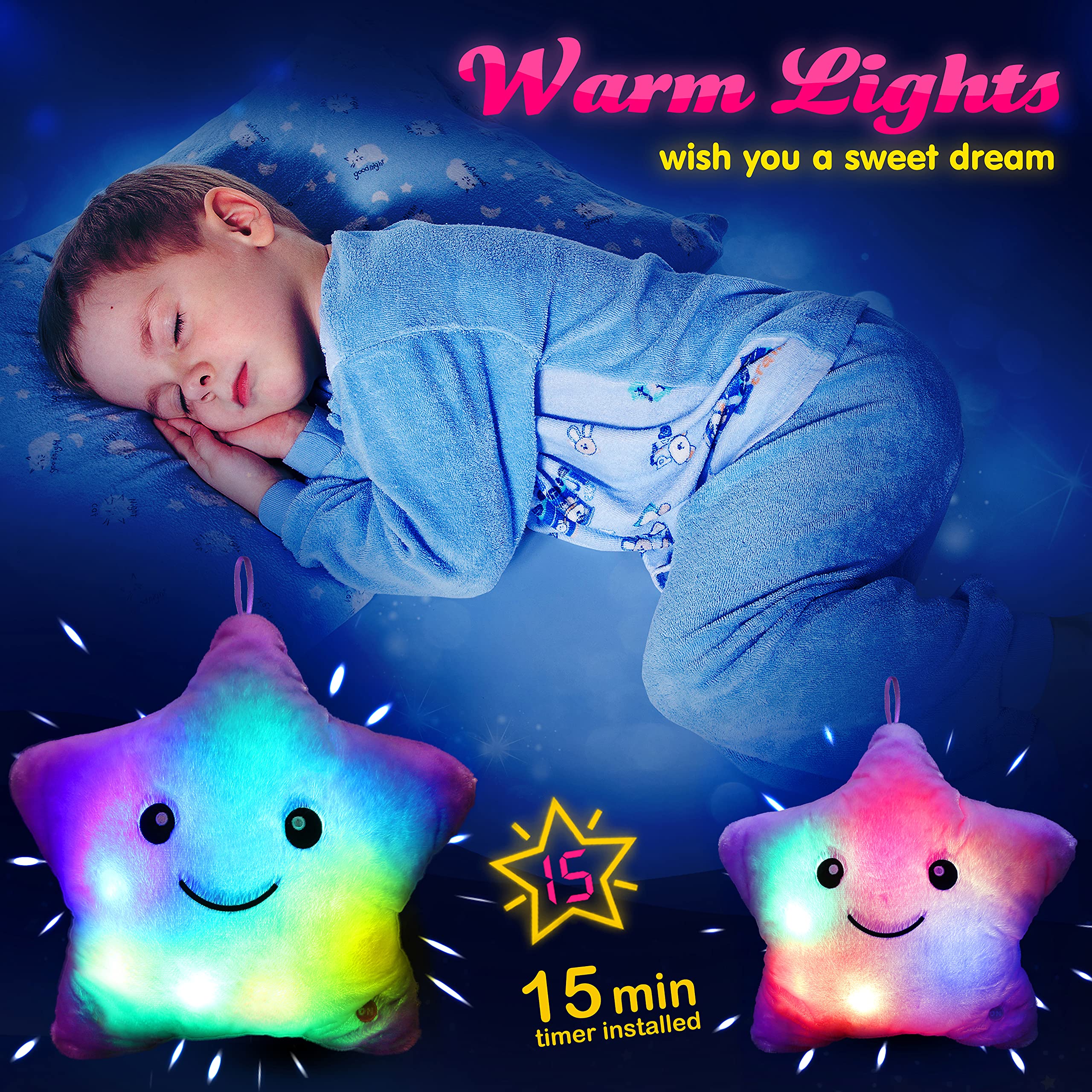 WEWILL 13'' Creative Twinkle Star Glowing LED Night Light Plush Pillows Stuffed Animals Toys Birthday Christmas Holiday Valentines Gifts for Toddlers Girls(Purple)