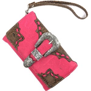 Justin West Rhinestone Buckle Solid Leather Wristlet Trifold Wallet Attachable Long Strap (Hot Pink)