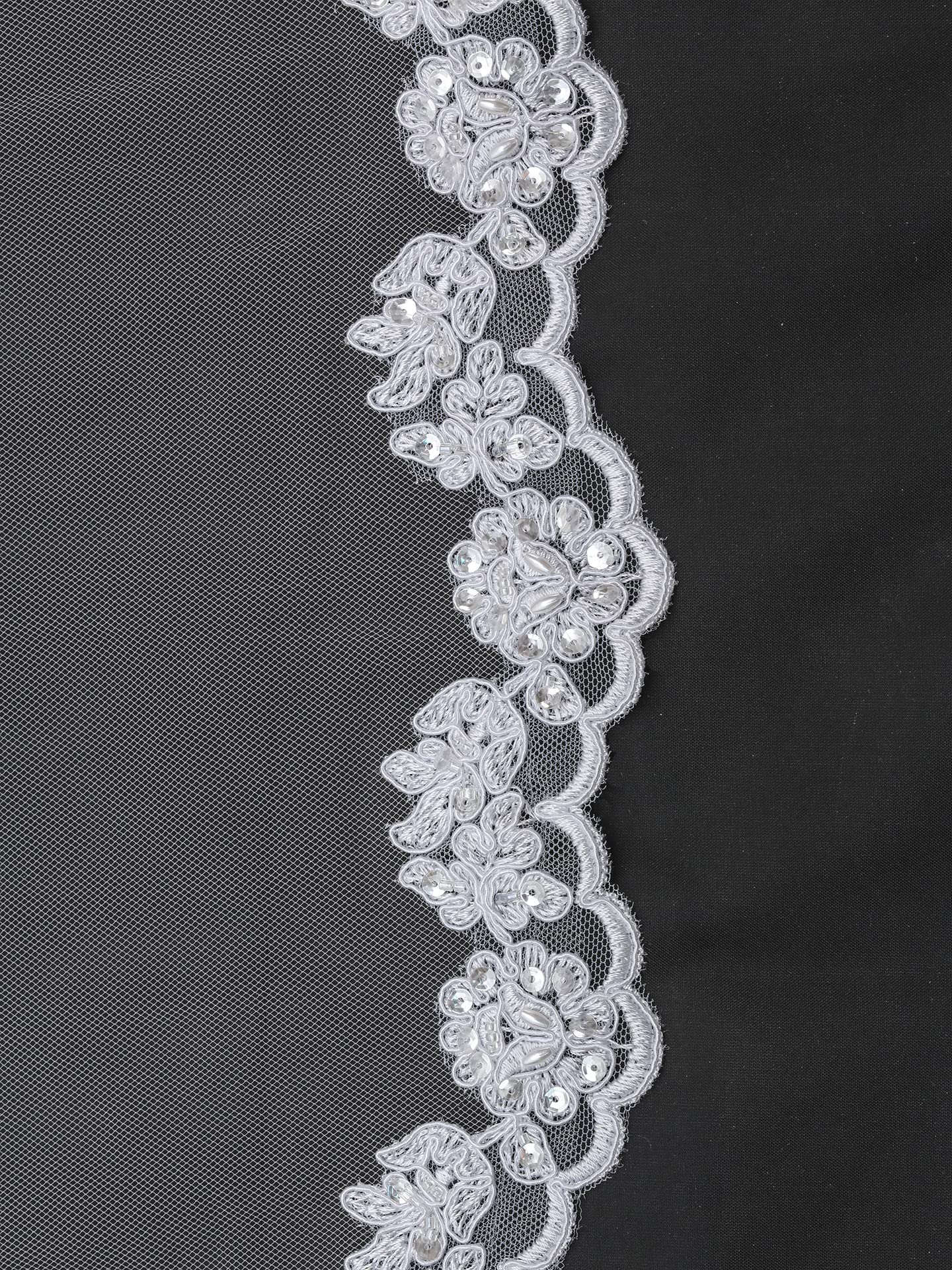 SAMKY 1T 1 Tier Floral Scallop Embroided Lace Pearl Veil - Light Ivory Fingertip Length 36" V471