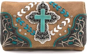 justin west rhinestone cross floral embroidery laser cut wristlet trifold wallet attachable long strap (tan)