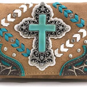 Justin West Rhinestone Cross Floral Embroidery Laser Cut Wristlet Trifold Wallet Attachable Long Strap (Tan)