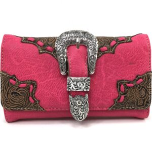 justin west rhinestone buckle solid leather wristlet trifold wallet attachable long strap (hot pink)