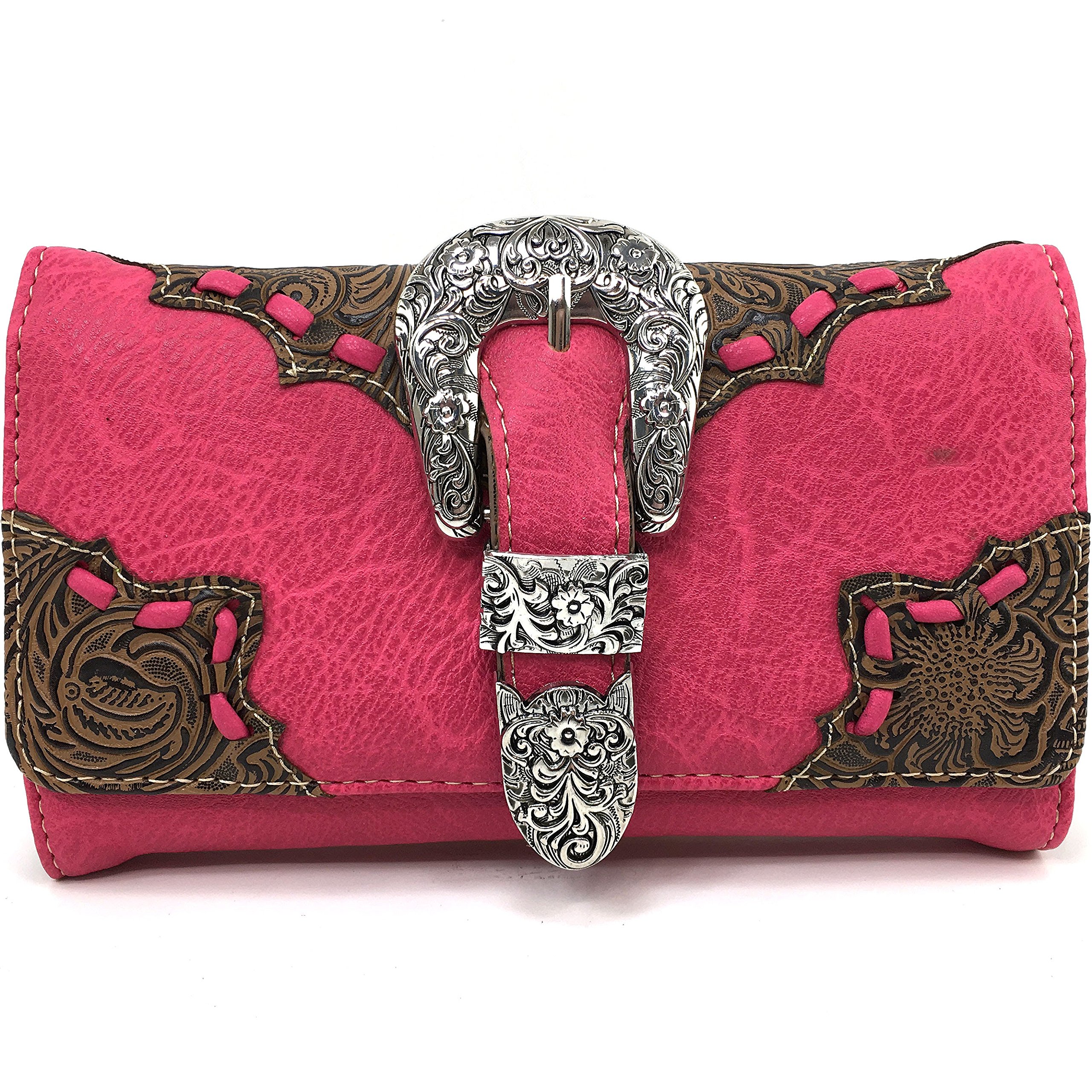 Justin West Rhinestone Buckle Solid Leather Wristlet Trifold Wallet Attachable Long Strap (Hot Pink)