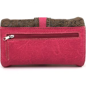 Justin West Rhinestone Buckle Solid Leather Wristlet Trifold Wallet Attachable Long Strap (Hot Pink)