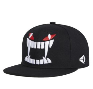 quanhaigou men's black snapback,big teeth adjustable baseball hat 3d embroidery cartoon caps