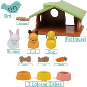 Top Right Toys Wooden Family Pets Dollhouse Set Dog Cat Bunny Pet Set with Animal Pet Doll House - 12 Pieces