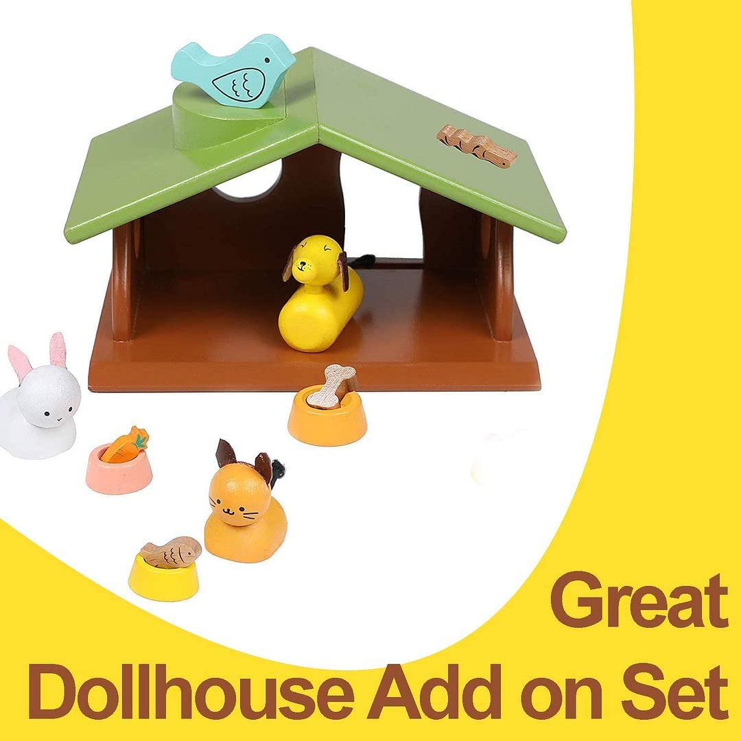 Top Right Toys Wooden Family Pets Dollhouse Set Dog Cat Bunny Pet Set with Animal Pet Doll House - 12 Pieces