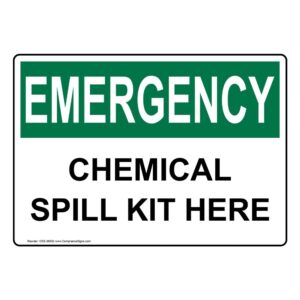 compliancesigns.com emergency chemical spill kit here osha safety sign, 10x7 in. plastic for facilities