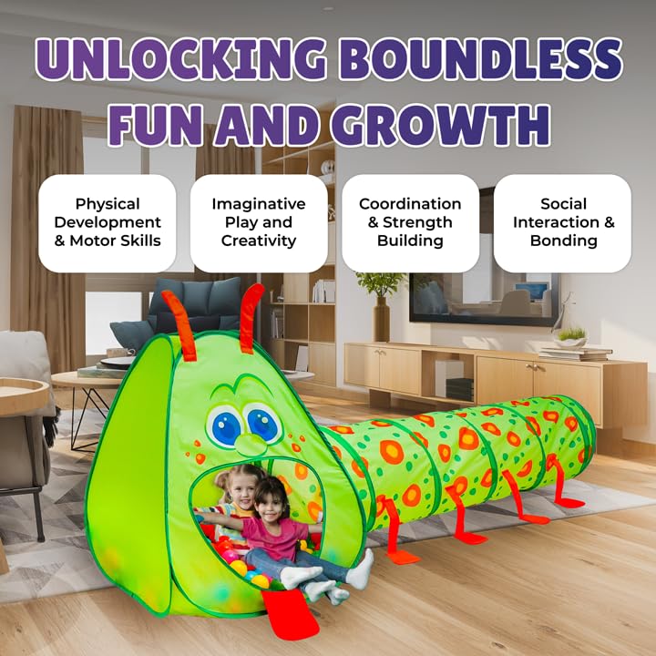 Kiddey Caterpillar Kids Play Tunnel and Tent | 2 Pc. Crawl Through Baby Ball Pit Pop up for Toddler, and Babies, Indoor & Outdoor Jungle Gym Party Gift | Crawling Tunnels & Tents for Toddlers