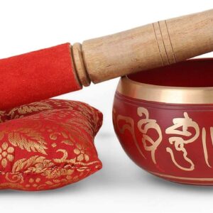 Tibetan Singing Bowl - 4 inch, Red Singing Bowl Set with Beater and Singing Bowl Cushion for Meditation and Yoga