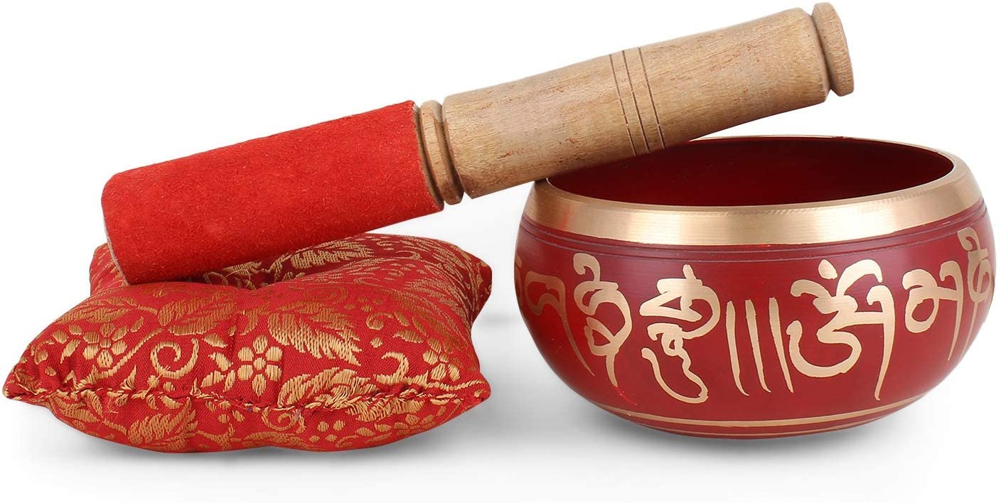 Tibetan Singing Bowl - 4 inch, Red Singing Bowl Set with Beater and Singing Bowl Cushion for Meditation and Yoga