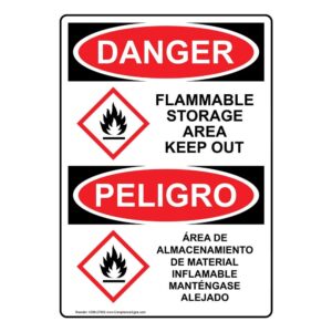 compliancesigns.com danger flammable storage area keep out english + spanish osha ghs safety sign, 10x7 in. plastic for hazmat restricted access