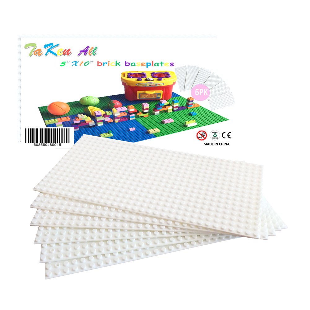 Building Bricks Block Base Plate - White 6 Pack of 5”X10” Baseplates - Compatible Major Brands Building Block Toys