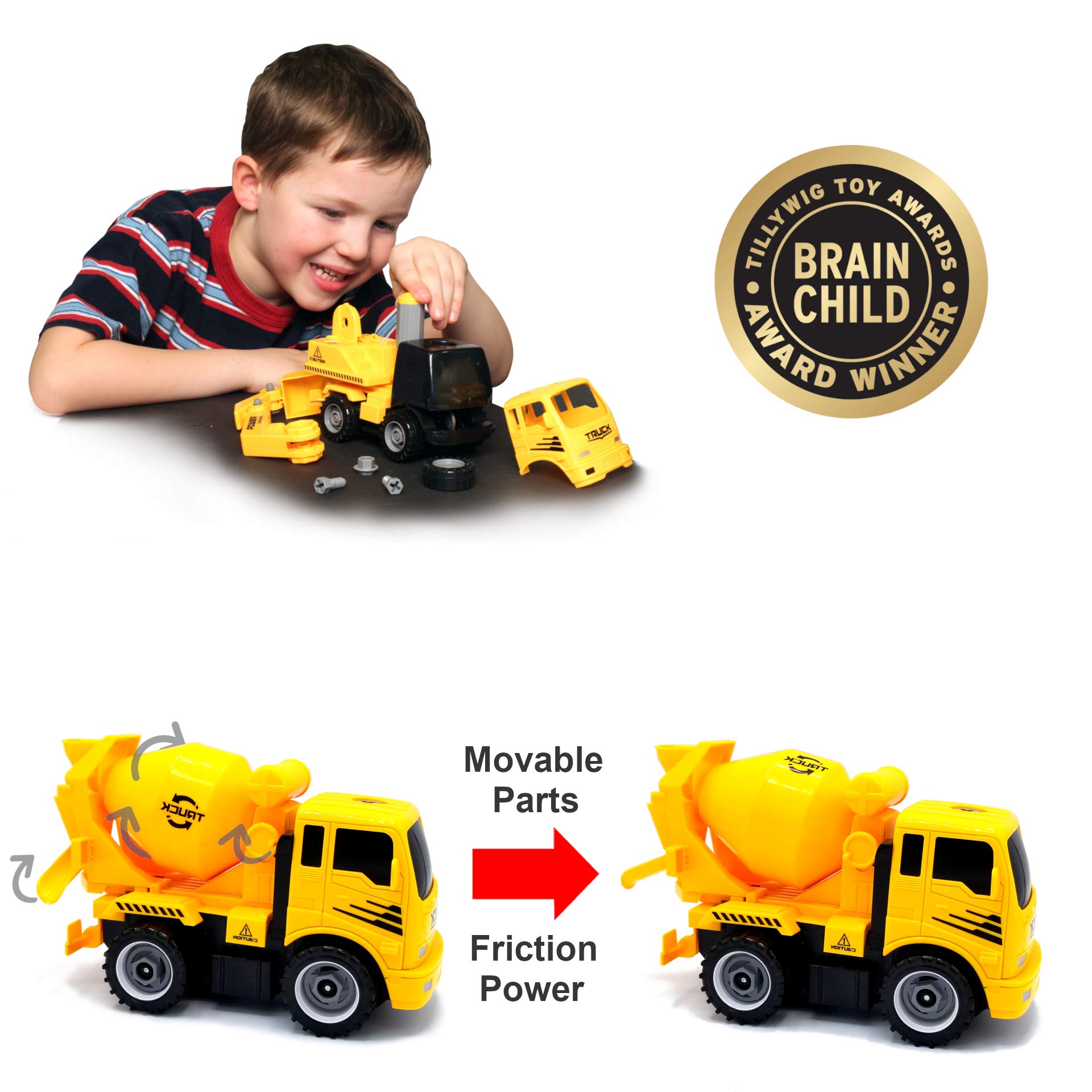 MUKIKIM Construct A Truck - Mixer. Take it Apart & Put it Back Together + Friction Powered(2-Toys-in-1!) Awesome Award Winning Toy That Encourages Creativity! …