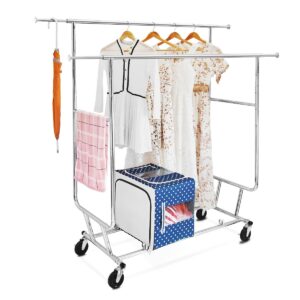 double rail garment rack with adjustable extendable rails, chrome finish collapsible clothing rack, commercial grade clothes drying rack, rolling racks with wheels