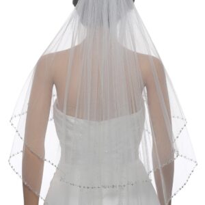 2T 2 Tier Silver Pearl Crystal Beaded Veil - Light Ivory Fingertip Length 36" V485