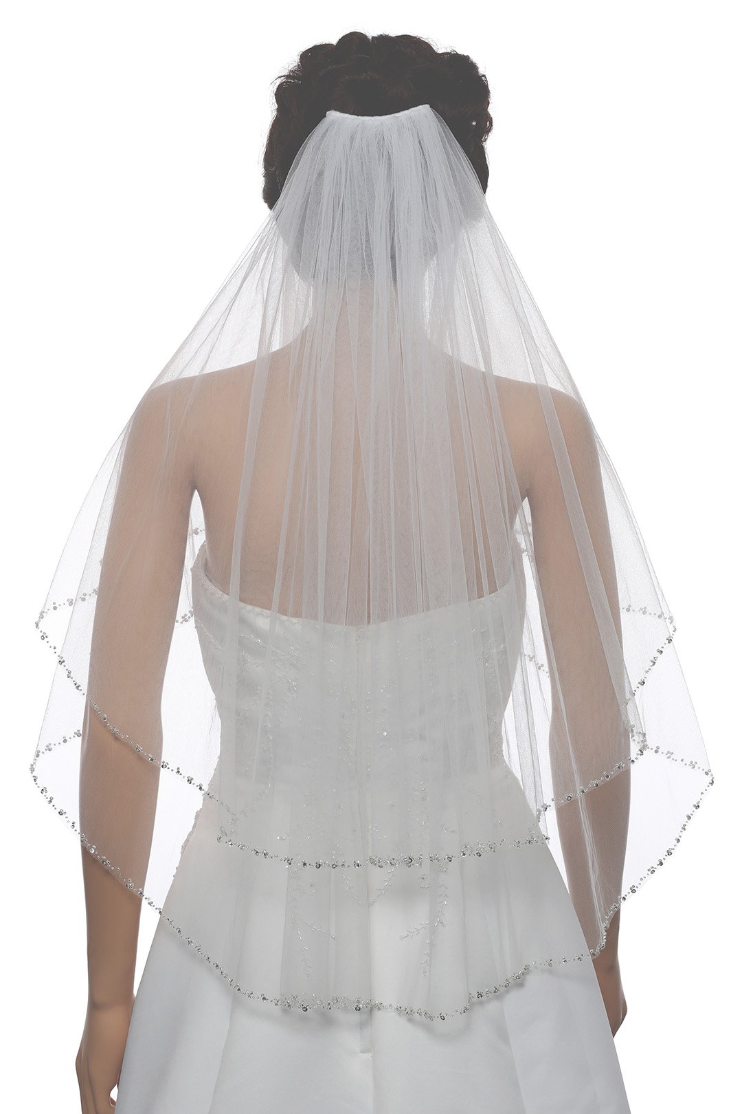 2T 2 Tier Silver Pearl Crystal Beaded Veil - Light Ivory Fingertip Length 36" V485