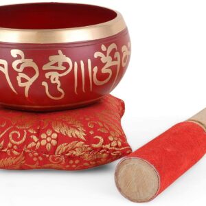 Tibetan Singing Bowl - 4 inch, Red Singing Bowl Set with Beater and Singing Bowl Cushion for Meditation and Yoga