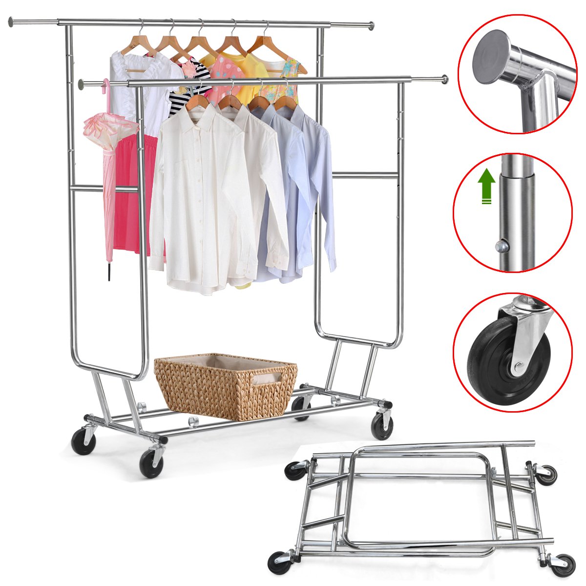 Double Rail Garment Rack with Adjustable Extendable Rails, Chrome Finish Collapsible Clothing Rack, Commercial Grade Clothes Drying Rack, Rolling Racks with Wheels