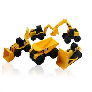 caterpillar cat mini machine construction truck toy cars set of 5, dump truck, bulldozer, wheel loader, excavator and backhoe free-wheeling vehicles w/moving parts -great cake toppers