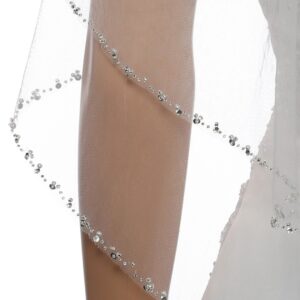 2T 2 Tier Silver Pearl Crystal Beaded Veil - Light Ivory Fingertip Length 36" V485