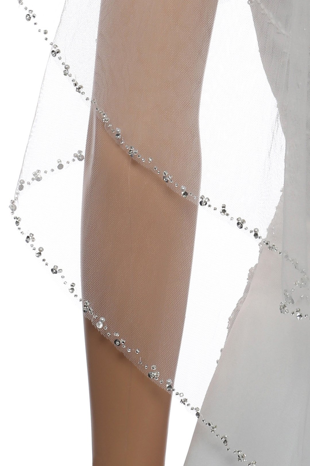 2T 2 Tier Silver Pearl Crystal Beaded Veil - Light Ivory Fingertip Length 36" V485