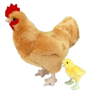 adore 12" standing goldie the hen chicken with baby chick plush stuffed animal toy