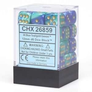 chessex chx26859 gemini 12mm d6 dice, blue/teal/gold chx26859