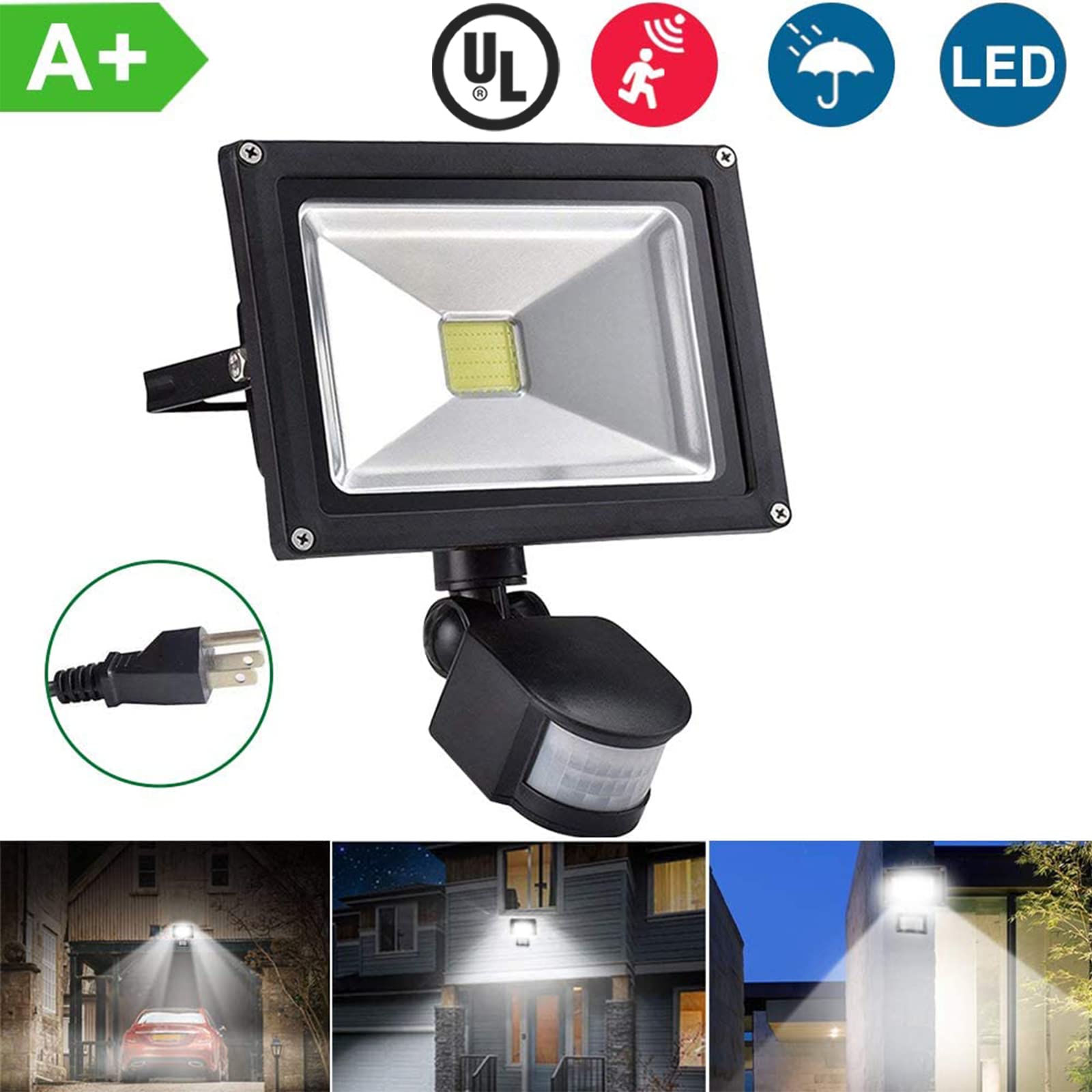 DINGLILIGHTING 20W Led Motion Sensor Flood Lights Outdoor, PIR Induction Lamp, Intelligent Light, 6000K, Cool White, 160W Bulb Equivalent, 1600lm, Super Bright Waterproof Security Floodlight