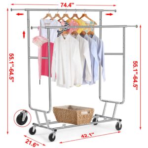 Double Rail Garment Rack with Adjustable Extendable Rails, Chrome Finish Collapsible Clothing Rack, Commercial Grade Clothes Drying Rack, Rolling Racks with Wheels