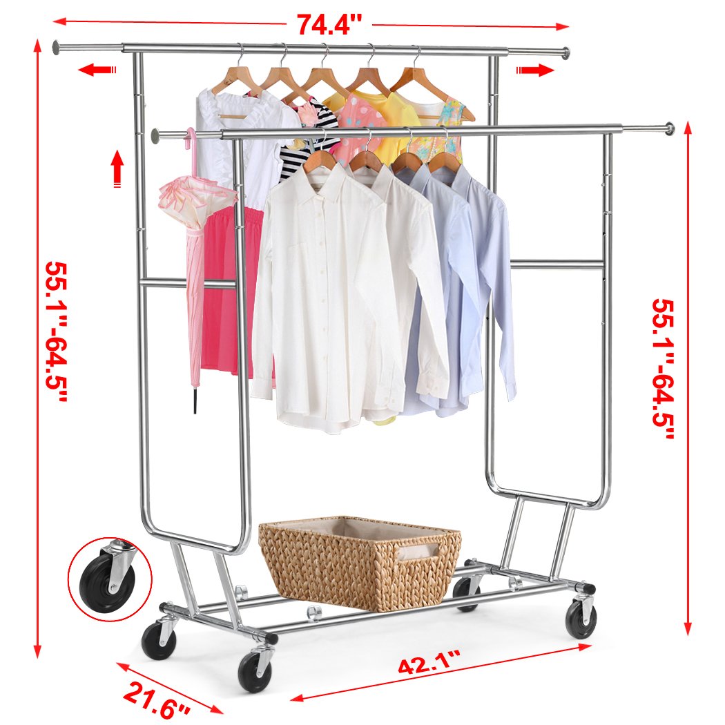 Double Rail Garment Rack with Adjustable Extendable Rails, Chrome Finish Collapsible Clothing Rack, Commercial Grade Clothes Drying Rack, Rolling Racks with Wheels