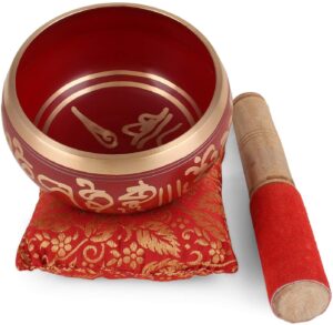 tibetan singing bowl - 4 inch, red singing bowl set with beater and singing bowl cushion for meditation and yoga