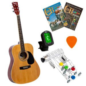 chordbuddy 42" full size acoustic guitar combo beginner set with natural finish guitar, tuner, and learning system